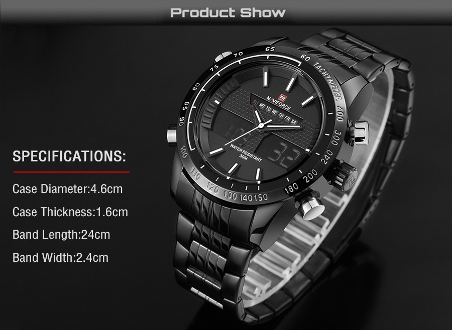 NaviForce Black Stainless Steel Chain Dual Time Watch