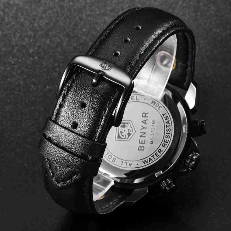 Banyar Black Dial Black Leather Chronograph Wrist Watch - WatchCentre.PK