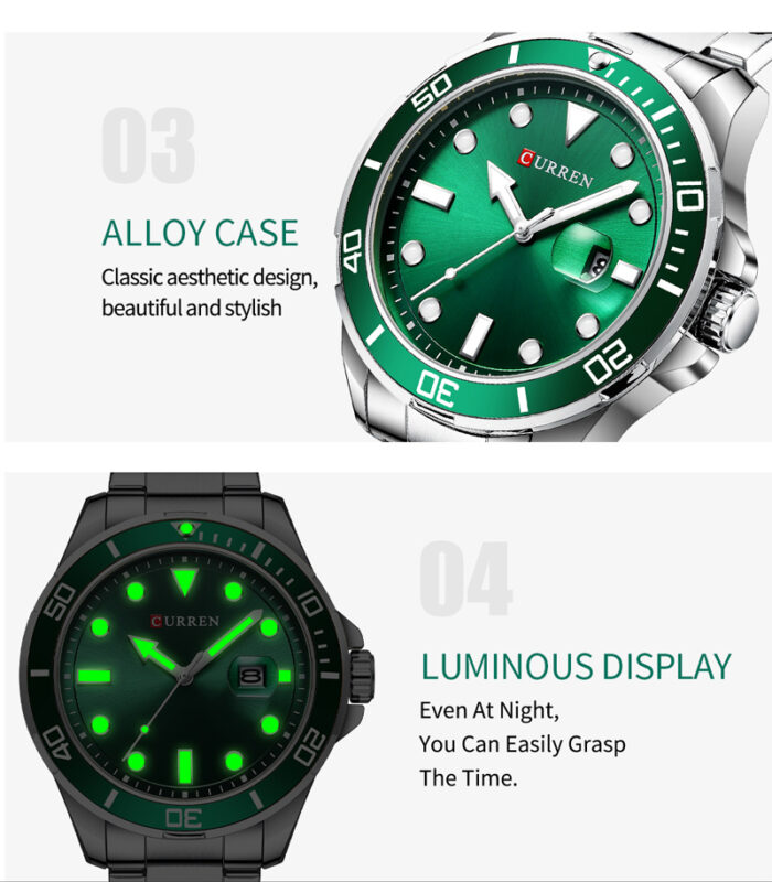 Curren 8388 Stylish Silver Chain Green Dial Illuminator Wrist Watch