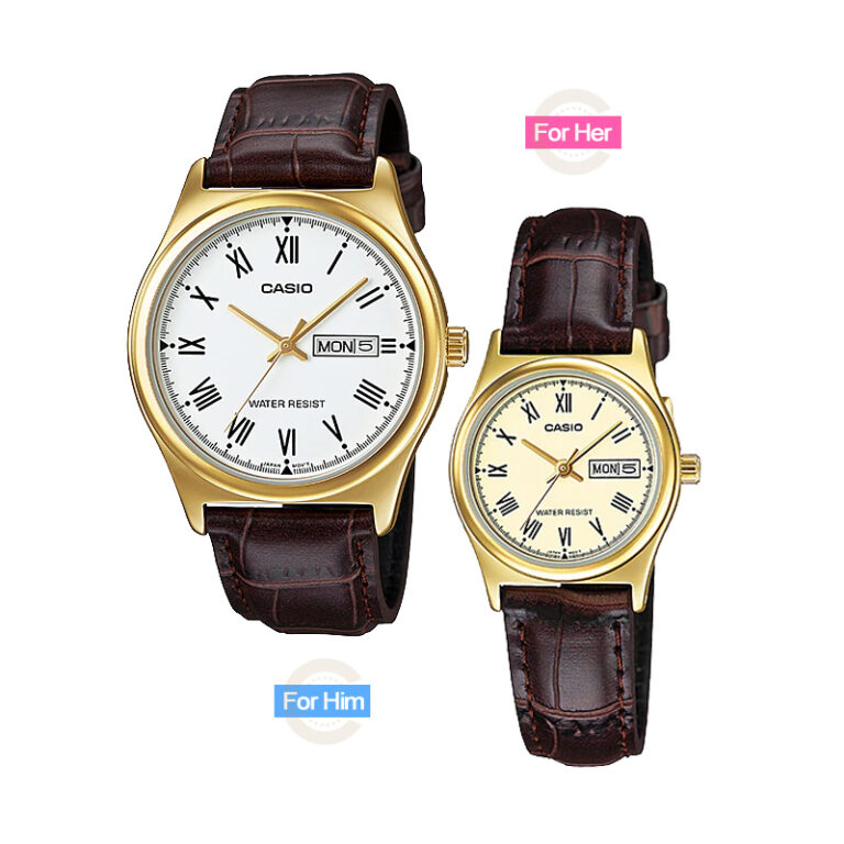 Casio Branded Couple Watches in Black Leather Strap & Silver Dial