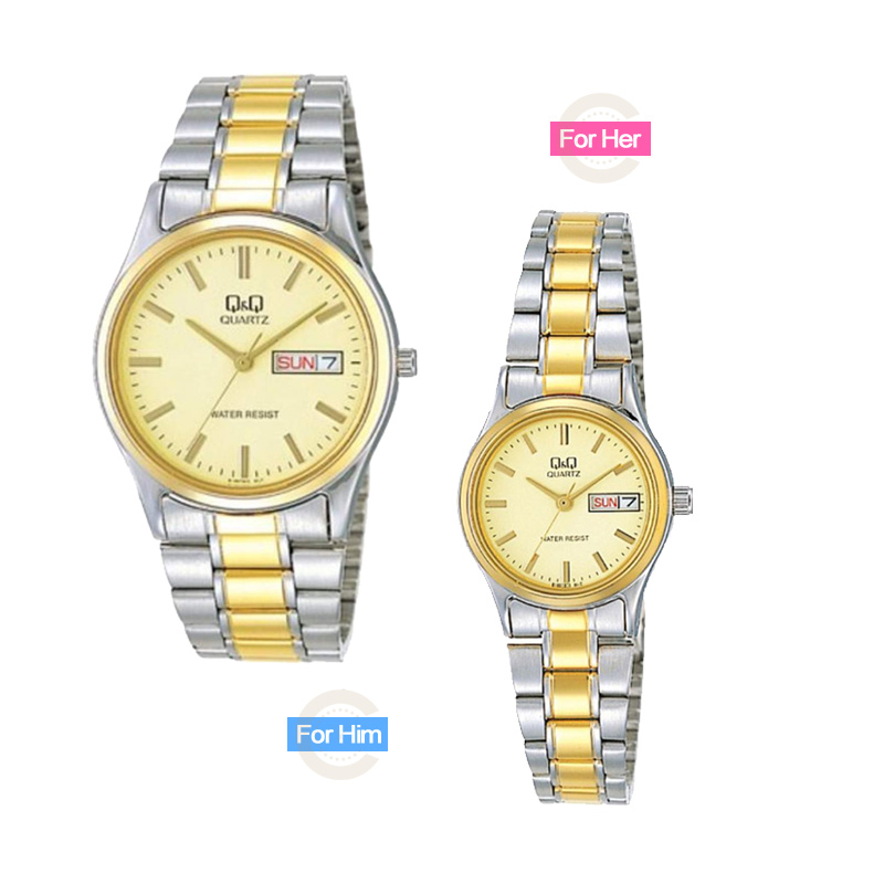 Q&Q Couple Watches in Two Tone Chain & Golden Analog Dial