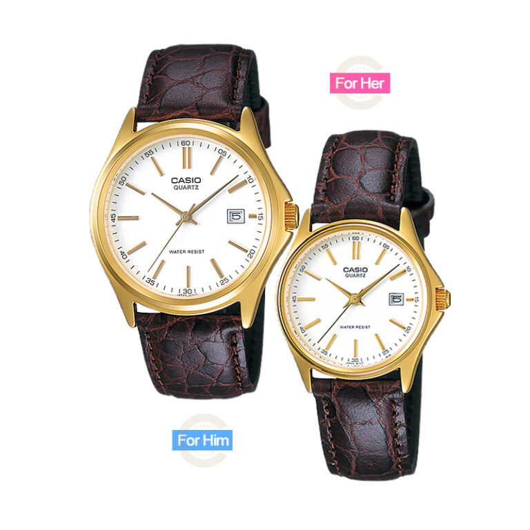 Casio Brown Leather Strap White Dial Branded Couple Wrist Watches