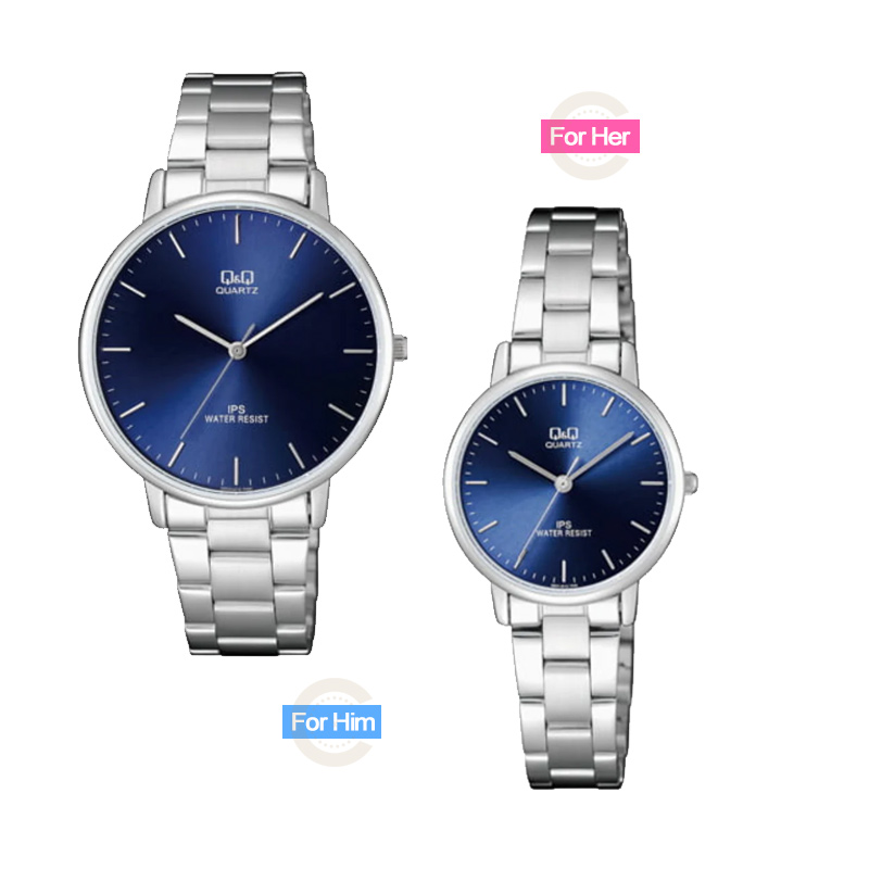Q&Q Silver Steel Chain Blue Analog Dial Couple Dress Watch
